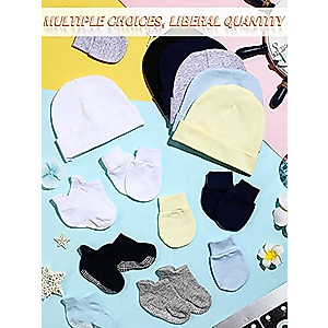 Baby Hats Mittens and Socks Set Unisex Cotton Beanie Cap and Scratch Mitten Non-Slip Baby Ankle Socks for Boys and Girls (White, Black, Grey, Light Blue, Navy Blue, Beige,6 Sets)
