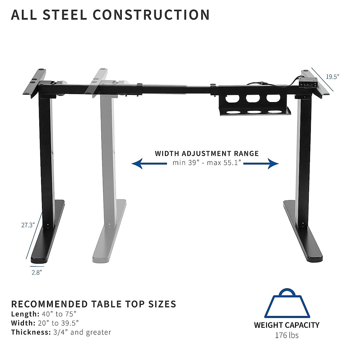 VIVO Electric Stand Up Desk Frame for 40 to 75 inch Table Tops, Frame Only, Single Motor Ergonomic Standing Height Adjustable Base with Memory Controller, Black, DESK-EV00B