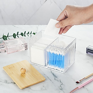KIMCHOMERSE Wood Lid Qtip Holder Storage, Bathroom Cotton Ball Holder Canisters for Cotton Swab, Cotton Pad, Dental Floss Organizer, Hair Bands Container for Vanity Countertop -Clear