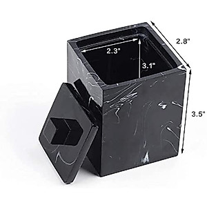 JUNGFORD Square Qtips Holder, Bathroom Countertop Storage Organizer Container with Lid for Cotton Swabs Rounds Balls Makeup Sponges Pads Bath Salts, Made of Black Marble Pattern Resin