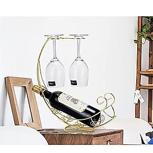 Homya Tabletop Metal Wine Bottle Rack Elevated Vertical Countertop Wine Glass Display Organizer, Dining Table Offers Wine Glasses as Gifts, Holds 1 Bottle 2 Glasses, Plating Craft Gold Glod