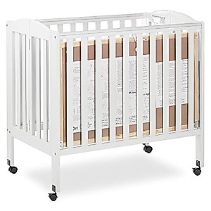 Dream On Me 3 in 1 Portable Folding Stationary Side Crib in White, Greenguard Gold Certified, Safety Wheel with Locking Casters, Convertible, 3 Mattress Heights