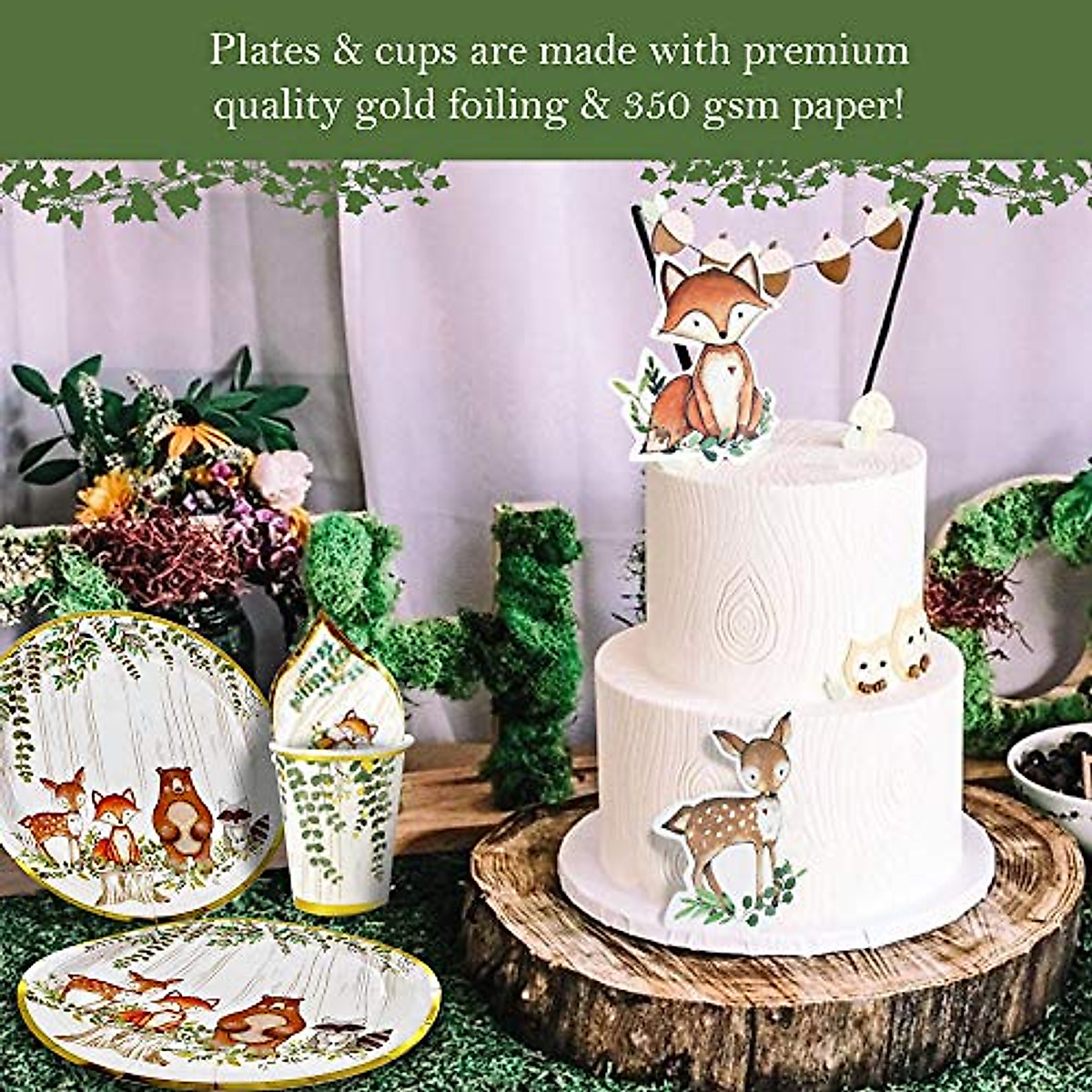 YARA Woodland Creatures Theme Baby Shower & Birthday Party Supplies For Boy & Girl Decorations with paper plates, napkins and cups of Forest Animal Friends Fox Deer Bear Racoon Tableware Set Serves 24