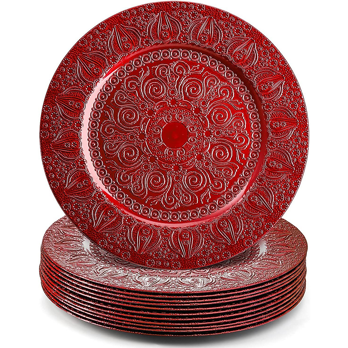 Hacaroa Set of 12 Plastic Round Charger Plates, 13 Inch Red Chargers for Dinner Plates, Antique Wedding Chargers for Table Setting, Holiday, Catering Event, Embossed Patterns