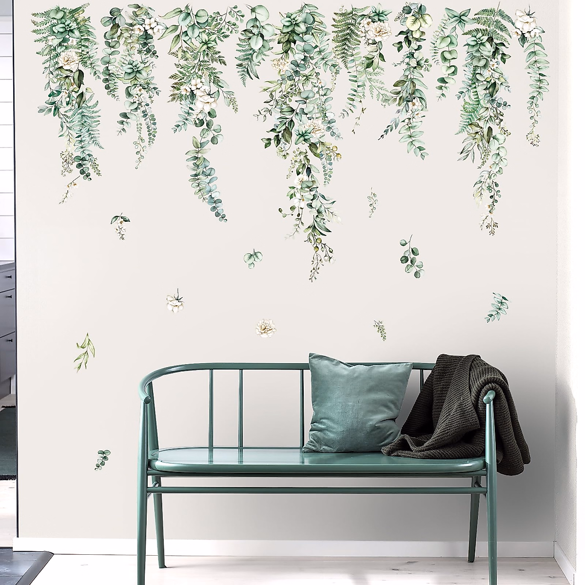 decalmile Large Hanging Vines Wall Decals Green Plants Tropical Leaves Flower Wall Stickers Bedroom Living Room Sofa TV Background Wall Decor