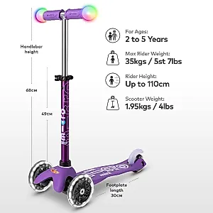 Micro Kickboard - Mini Deluxe Magic with Light-up Handlebars, and LED Light-up Wheels, 3-Wheeled, Lean-to-Steer, Swiss-Designed Micro Scooter for Kids, Ages 2-5 (Purple)
