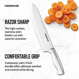 Farberware 15-Piece High-Carbon Stamped Stainless Steel Kitchen Knife Block Set with Steak Knives, Razor-Sharp Knife Set with Wood Block, Black