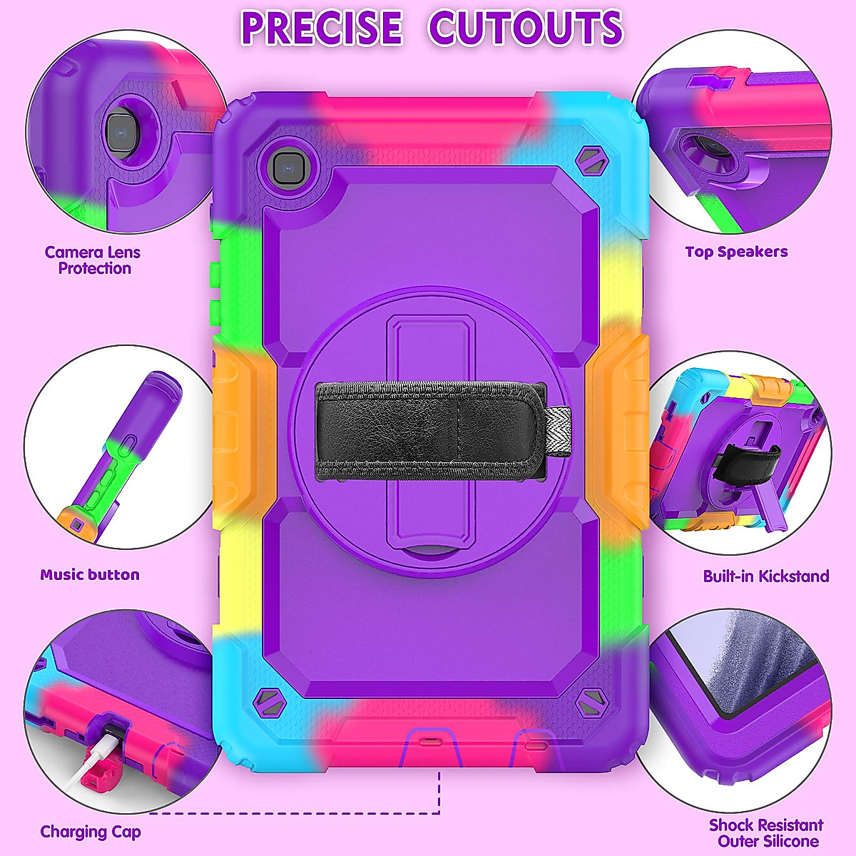 ausleben Case for Samsung Galaxy Tab A7 Lite case 8.7 inch 2021 SM-T220/SM-T225.Full Body Protection Case with Built-in Screen Protector Pen Holder [360 Rotating Hand Strap] (ColorfulPurple)