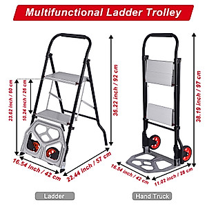 ExGizmo Aluminum Hand Truck,2 in 1 Folding Step Ladder,Portable Aluminum Ladder 551 LBS Load Capacity,Multifunction Collapsible Dolly Cart 220 LBS Load Capacity