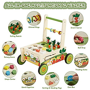 Beright 12-in-1 Wooden Baby Walker, Push and Pull Learning Activity Walker, Multiple Activities Center, Shape Sorting, Grocery Cart Push Toy and Puzzles, Develops Motor Skills & Stimulates