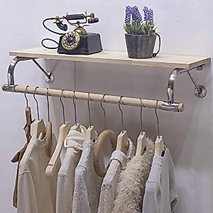 FKhanger Wooden Wall Clothes Rack - Wall Mounted Garment Rack with Wood Shelf,Clothing Display Rack for Clothing Retail Store,Home,Chrome Bracket (Size : 120×28×20cm)