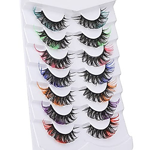 Ruairie False Eyelashes Colored Lashes Fluffy Wispy Russian Strip Lashes with Color D Curl Volume Curly Christmas, 7 Colors Fake Eyelashes Pack