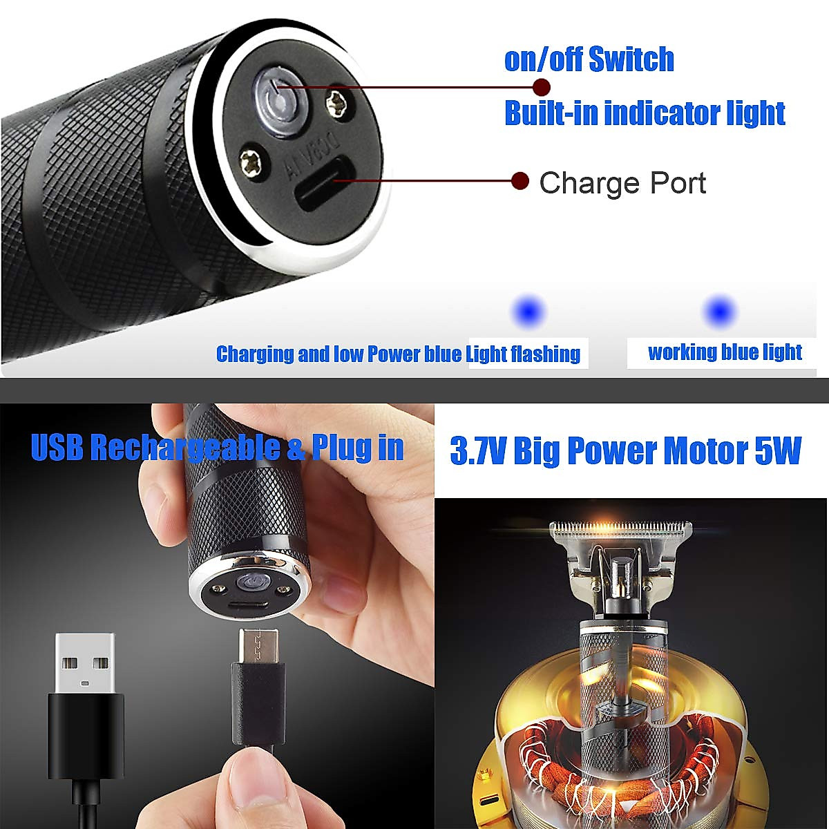 GOMINYUF USB Rechargeable Professional Hair Clipper,Hair Trimmer for Men,Gominyouf Cordless Beard Shaver Precision Trimmer with Metal Waterproof Body (Black)