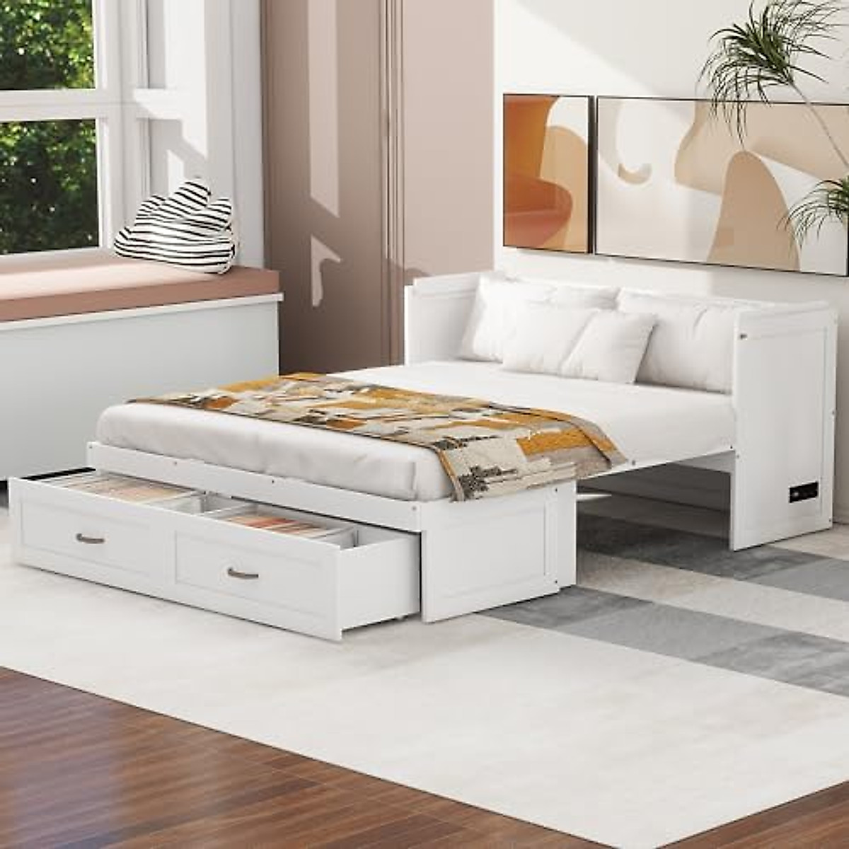 WADRI Full Size Murphy Bed with USB Port and a Large Drawer, Wood Mobile Murphy Chest Bed, Muti-Functional Cabinet Bed for Home Office or Small Room (White-Full-32)