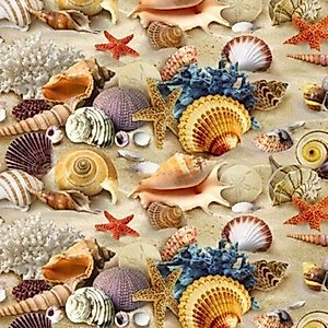 Elizabeths Studio Landscape Medley Ocean Sea Shells Premium Quality 100% Cotton Fabric by 1/2 Yard.