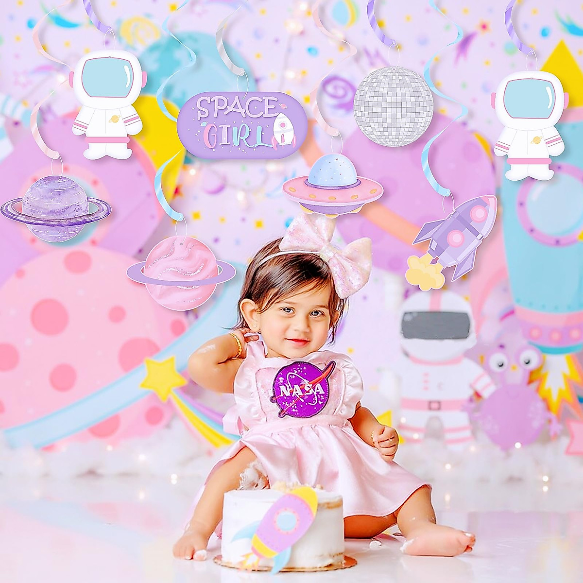 20Pcs Girl Outer Space Hanging Swirl Party Decor,Out of This World Space Disco Themed Party Ceiling Streamer Interstellar Planet Astronaut Rocket Space Two the Moon Baby Shower Birthday Party Supplies