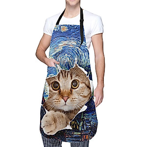 DZGlobal Starry Night Cat Apron Art with Lovely Pet Unisex Kitchen Bib with Adjustable Neck for Cooking Gardening Adult Size, Blue