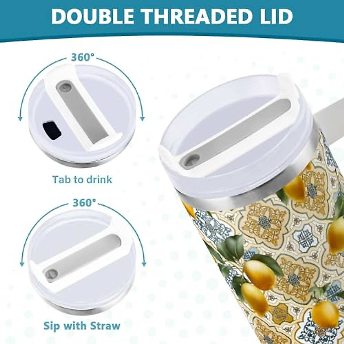 Wfrish Tumbler with Handle and Straw Lid,Vintage Lemons Leaves Patchwork 40 oz Insulated Coffee Cup Stainless Steel Fruit Water Bottle Travel Mug Cupholder Friendly,Gifts for Women Men