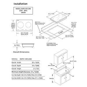 Empava Electric Induction Cooktop Stove with 2 Burners in Black Vitro Ceramic Smooth Surface Glass 120V, 12 Inch