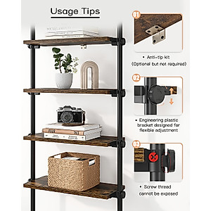 ALLZONE 5 Tiers Narrow Bookshelf, Tall Adjustable Ladder Book Shelf with Open Storage, Floor to Ceiling Tension Mount, Wooden Industrial Bookcase for Living Room, 92 to 116 Inch, Brown