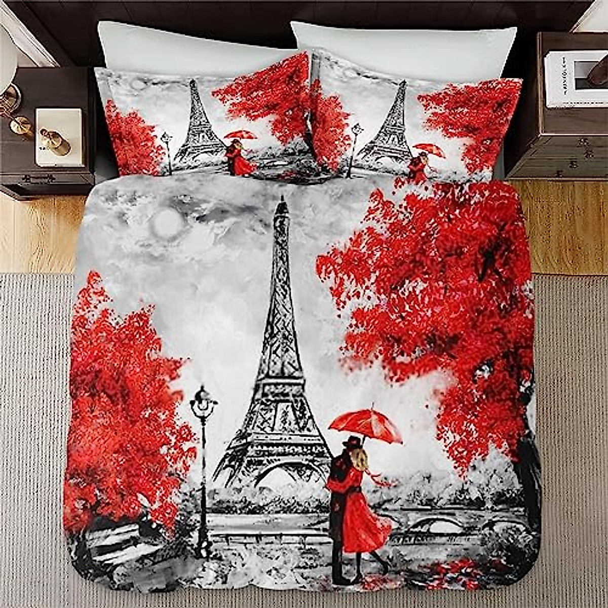 Duvet Cover Queen Size, Painting Paris City Eiffel Bedding Set with Zipper Closure for Kids and Adults, Tower Red Love Comforter Cover with 2 Pillow Shams for Bedroom Bed Decor