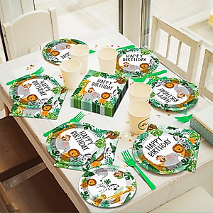 96PCS Jungle Birthday Party Plates and Napkins Safari Animals Birthday Party Decorations for 24 Guests Jungle Theme Birthday Party Tableware Set Serves Wild Animals Gold Safari Zoo Birthday Supplies