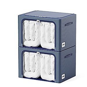 2 Pack Foldable Storage Box Oxford Fabric Clothes Container Organizer with Handle and Large Clear Window Stackable Large Capacity Storage Bins Boxes for Toys , Bedding , Books (100L, Blue)