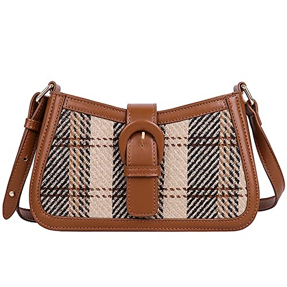 RTGGSEL Retro Women's Contrast Color Plaid Striped Saddle Crossbody Shoulder Handbags Underarm Satchel Tote Clutch Purse Hobo Bag (Brown)