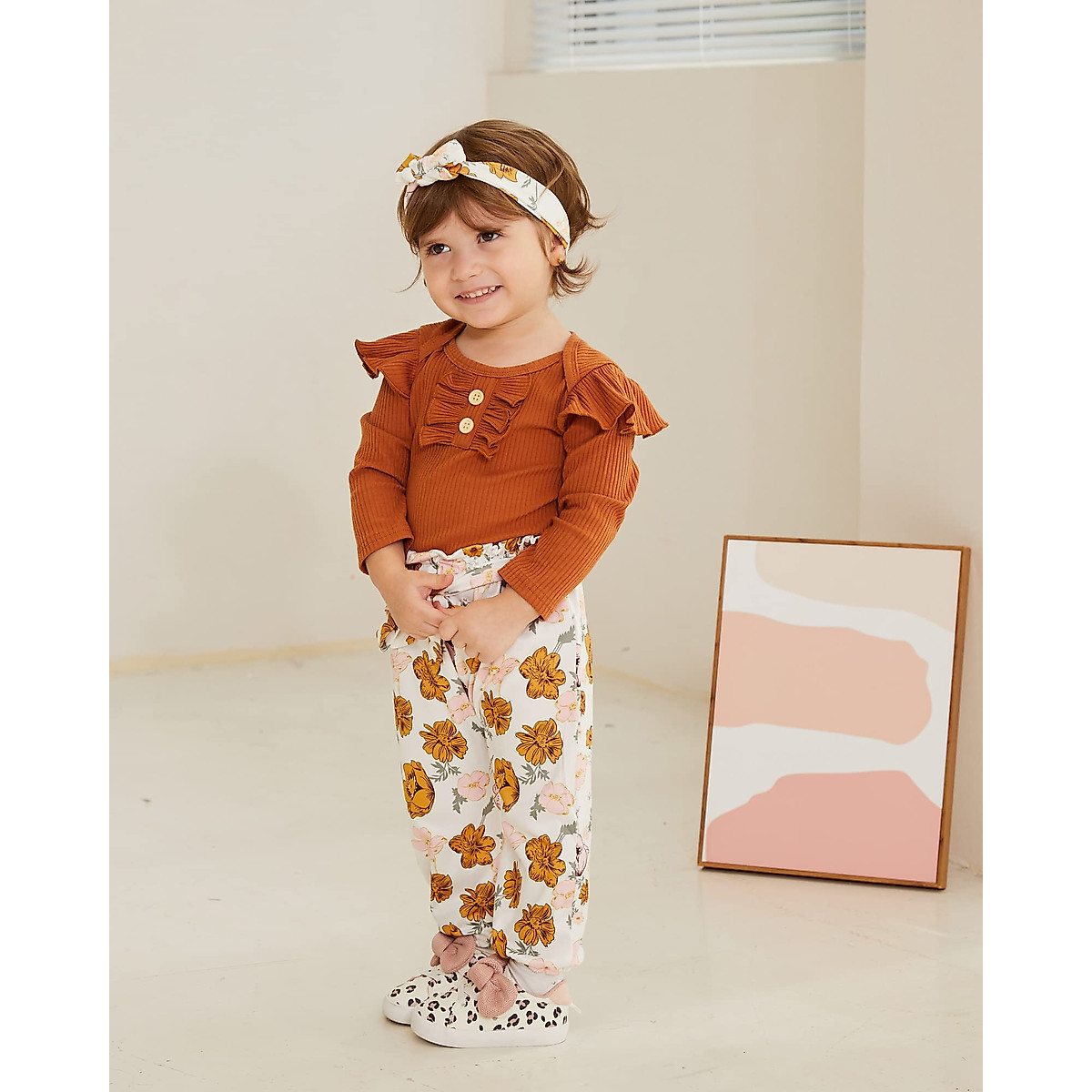 Kislio Newborn Baby Girls Clothes Ribbed Ruffled Romper+Floral Pants+Headband Infant Outfit Set