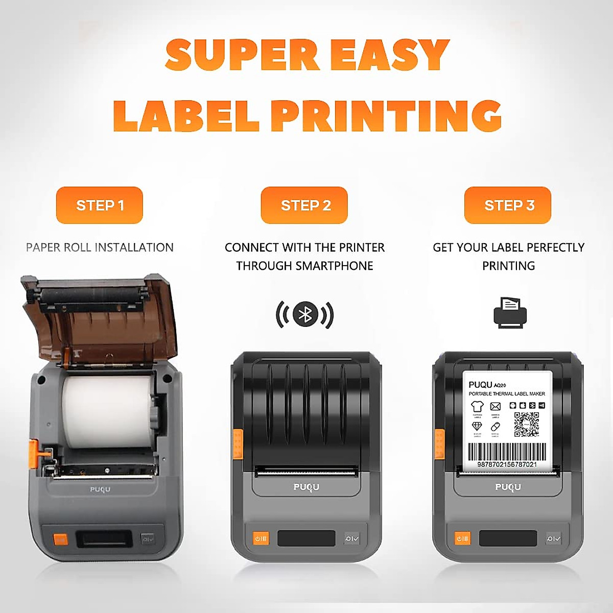 PUQU AQ20 Label Maker - Portable Label Maker Bluetooth Wireless Thermal Label Printer for Clothing, Jewelry, Retail, Cable, Mailing, Barcode and More, Compatible with Android & iOS System, Black