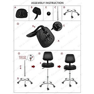 Grace&Grace Rolling Shop Stool Chair with Back Support for Drafting,Work,Studio,Workshop,Office,Rolling Vanity Chair with Wheels (Black, Without Foot Rest)
