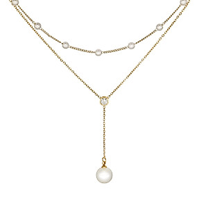 Jean Beau 2PCS Gold Pearl Drop Cubic Zirconia Y Necklace for Women and Tiny Dainty Pearls Station Strand Gold Layering Statement Choker