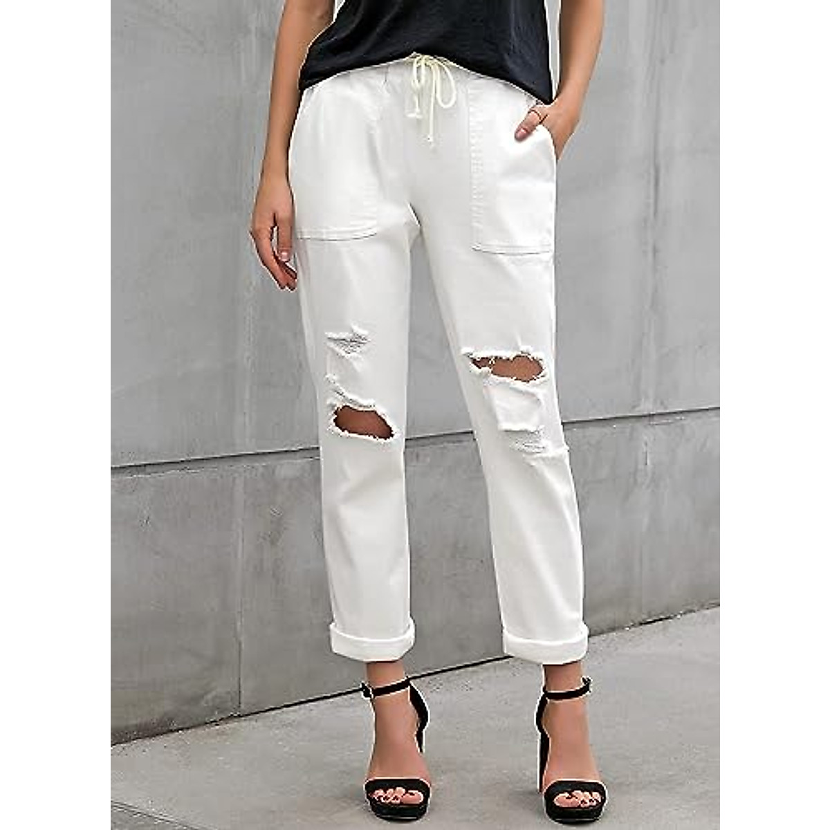 Metietila Women’s Casual Pull-on Distressed Stretch Jean Elastic Waist White Jeans Denim Joggers Pants for Women Medium