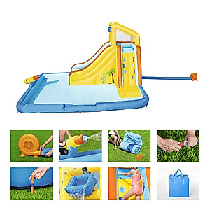 FBITE Inflatable Bouncy Castle, Jumper House Water Pool Slide Activity Center with Water Slide, Climbing Wall, Water Gun and Pool Area for Kids