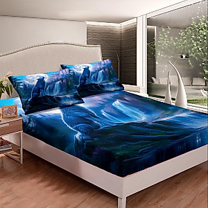 Feelyou Wolf Fitted Sheet Twin Size Wolves Howling Bedding Set for Boys Girls Teens Animal Wolves Bed Sheet Set Mountain Moon Wolf Bed Cover Room Black Blue Decor Bed Set