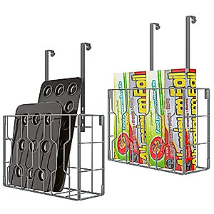 Over the Door/Wall Mount Cabinet Door Organizer Holder in Kitchen or Pantry, Cabinet door rack storage for Cutting Board, Bakeware, Cleaning Supplies, Aluminum Foil, Plastic Wrap (Silver)