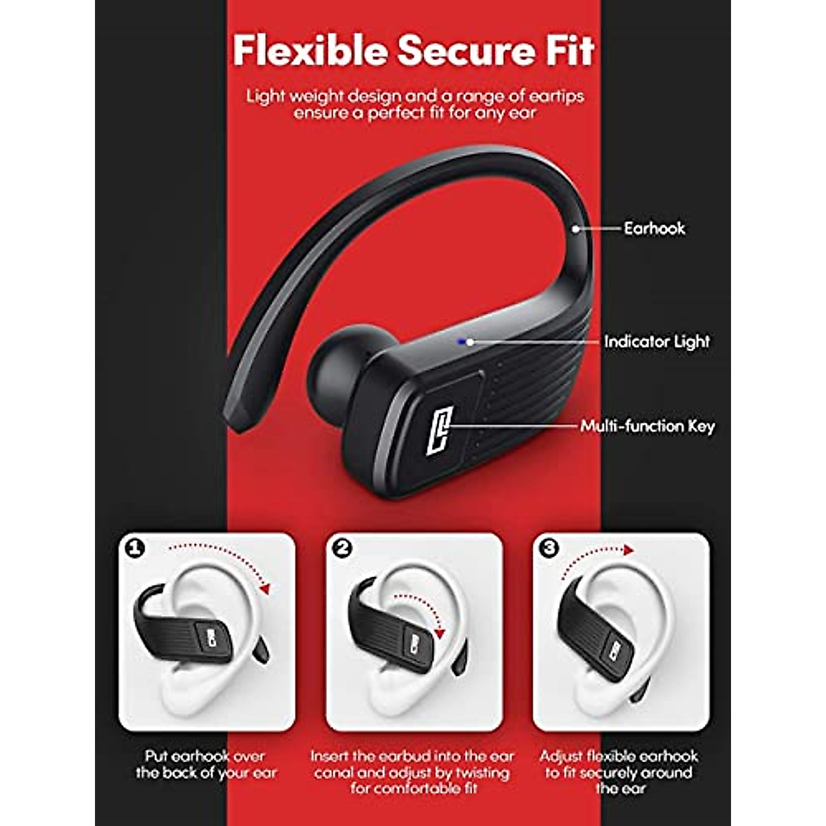 LeCuy Wireless Earbuds Designed for Sports Such as Running, Workouts, Gaming. Bluetooth Headphones Deep Bass True Wireless Stereo HiFi Sounds. Waterproof IPX5 and Friendly LED Display Charging case