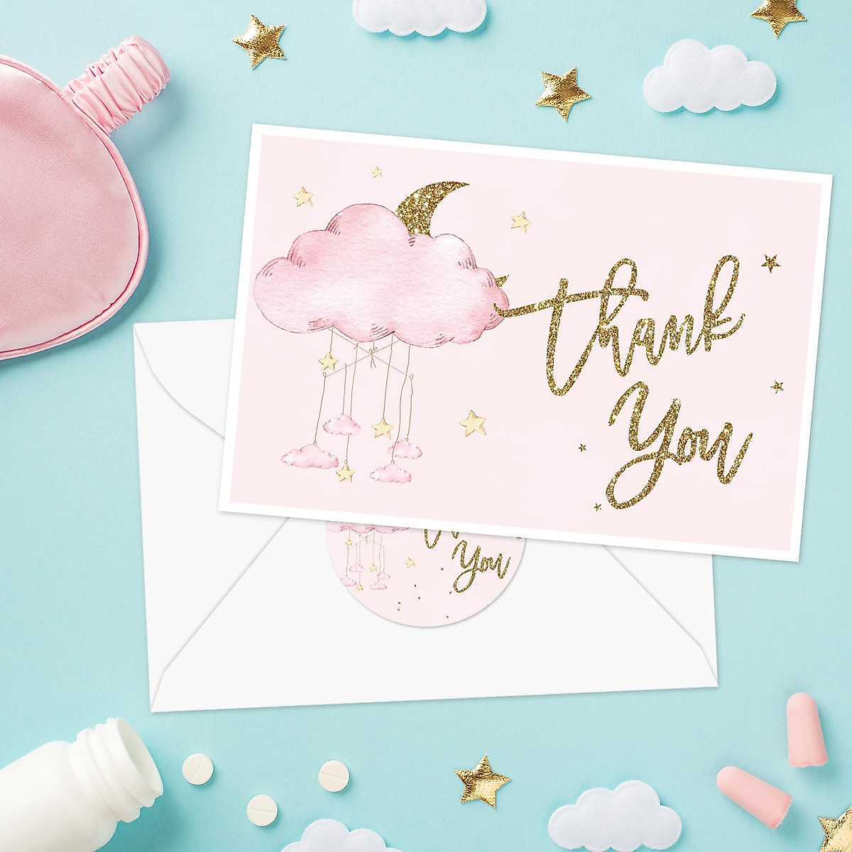 Whaline 36 Pack Pink Baby Shower Thank You Cards with Envelopes Matching Seal Stickers Glitter Starry Twinkle Moon Blank Note Cards for Birthday Supplies