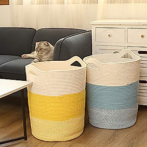 Sea Team Large Size Cotton Rope Woven Storage Basket with Handles, Laundry Hamper, Fabric Bucket, Drum, Clothes Toys Organizer for Kid's Room, 20 x 14 inches, Round Open Design, White & Mottled Blue