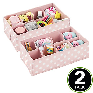 mDesign Fabric 8-Section Divider Drawer Organizer Bin for Baby Nursery Dresser, Closet, Shelf, Changing Table Organization, Hold Clothes, Toys, Diapers, Bib, Blanket - 2 Pack, Pink/White Polka Dot
