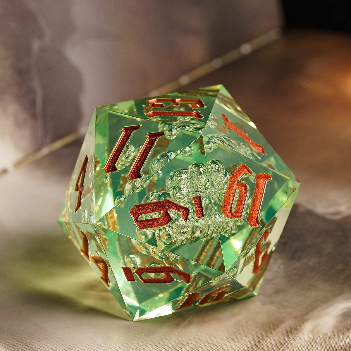 Poludie D20 Single Dice 55mm, 20 Sided DND Dice, Giant D20 D&D Polyhedral Dice Large D20 with Dice Gift Box for Dungeons and Dragons, RPG, MTG Table Games (Transparent Green Bubbles)