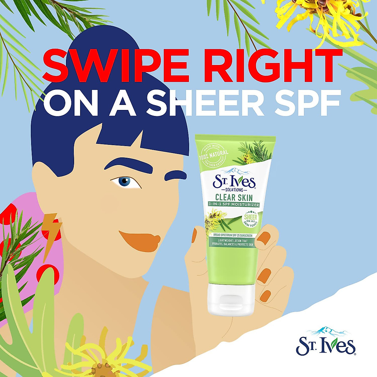 St. Ives Clear Skin Lotion - 3-in-1 SPF 25 Face Moisturizer for Acne Prone, Oily, or Combo Skin, Lightweight Sheer Daily Face Lotion with Tea Tree Extract & Witch Hazel, 3 Fl Oz
