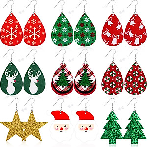 AUGSUN Christmas Earrings for Women, 9 Pairs Christmas Faux Leather Earrings Lightweight Leaf Long Dangle Earrings Teardrop Earrings for Christmas