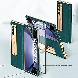 lefeda Leather Case for Samsung Galaxy Z Fold 5, Full Body Protection Electroplated Case with Tempered Glass Screen and Hidden Stand Shockproof Phone Cover,Gold