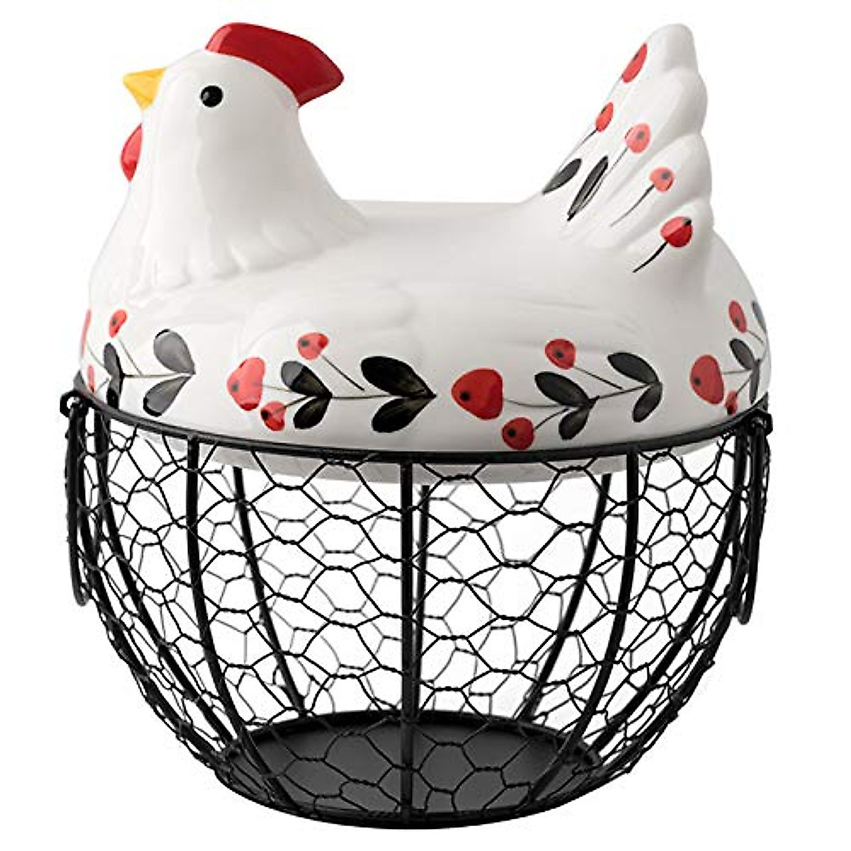 SURVEEL Black Wire Egg Storage Basket with Ceramic Chicken Shaped Top Egg Basket with Handles for Fresh Eggs Cute Chicken Kitchen Home Décor