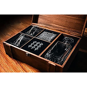 Atterstone Whiskey Decanter Crate Set for Men and Women - Whiskey Decanter, 2 Swirl Glasses, 9 Chilling Whisky Stone, 2 Coaster, Crate Pinewood Box, Gift for Holidays, Father's Day, Groomsmen, Wedding