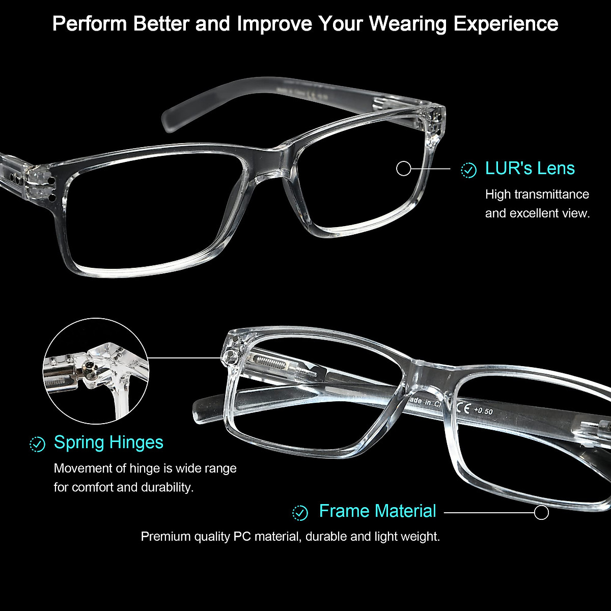 LUR READING GLASSES 6 Pack Spring Hinge Comfort Plastic Readers (Clear)