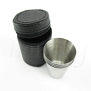 KOZOREN Stainless Steel Shot Glass Cup Drinking Mug with Black PU Leather Cover Case, 1oz (Set of 4)