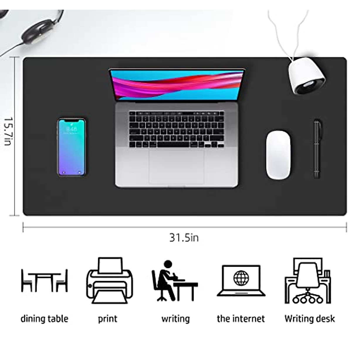 Desk Mat Large Protector Pad - Multifunctional Dual-Sided Office Desk Pad,Smooth Surface Soft Mouse Pad, Waterproof Desk Mat for Desktop, Pu Leather Desk Cover for Office/Home(Black, 31.5" x 15.7")