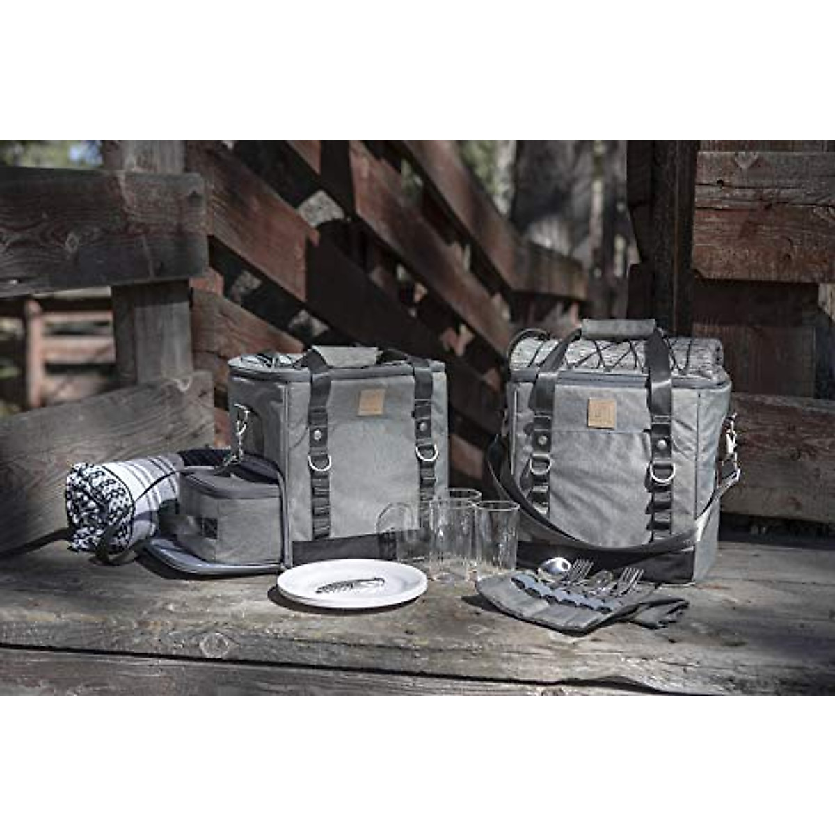 PICNIC TIME - PT-Frontier Picnic Cooler Tote - Soft Cooler Bag with Picnic Set - Picnic Tote, (Heathered Gray)